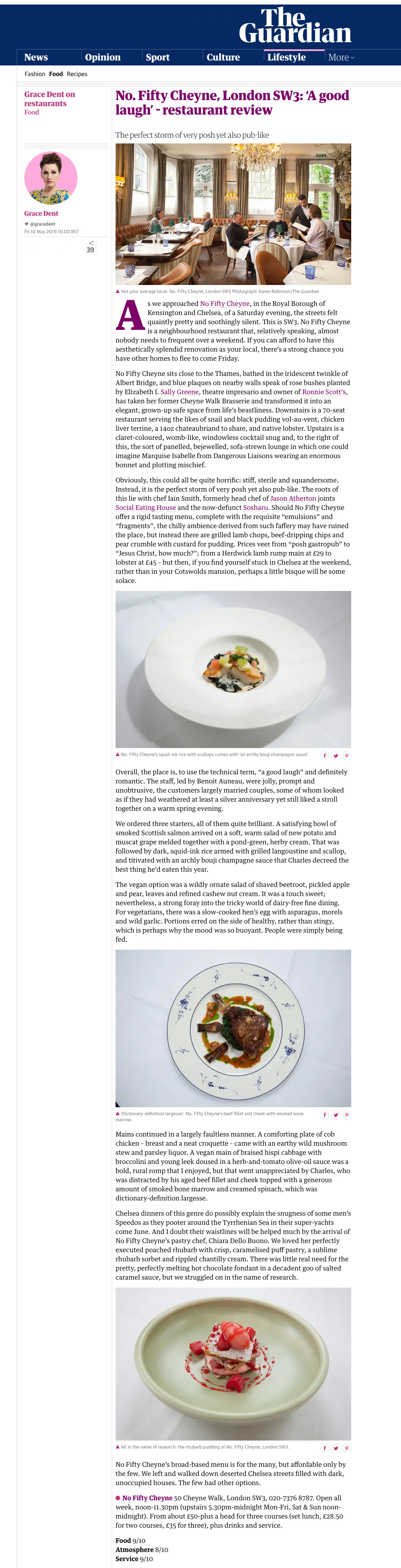 THE GUARDIAN REVIEW - Fifty Cheyne, Chelsea Restaurant, London.